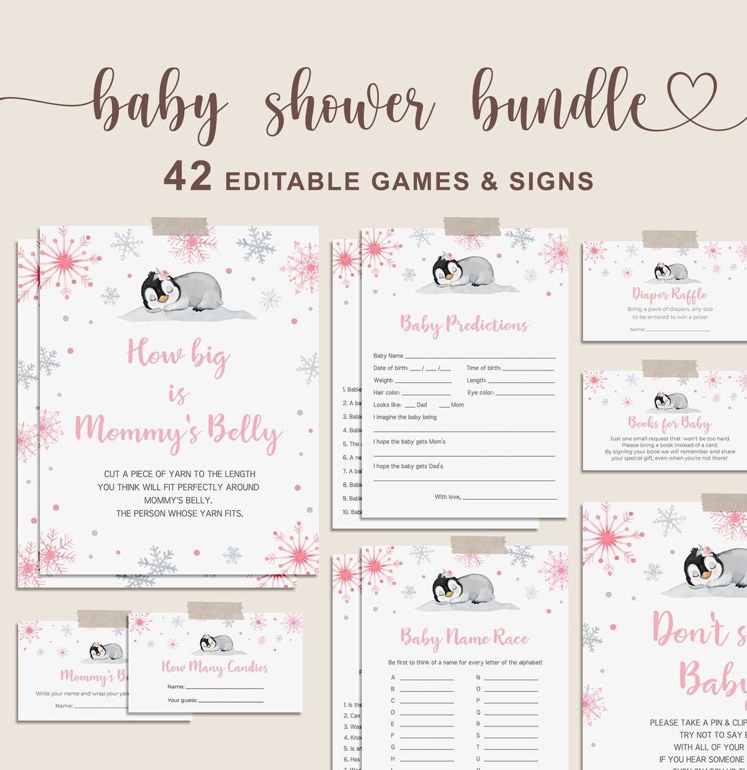 Penguin Girl Baby Shower Games Bundle, Winter Baby Shower Activity ...