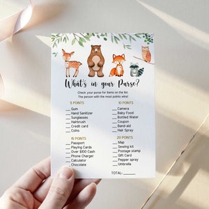 What's in Your Purse Baby Shower Game, Editable, Woodland Baby Shower ...