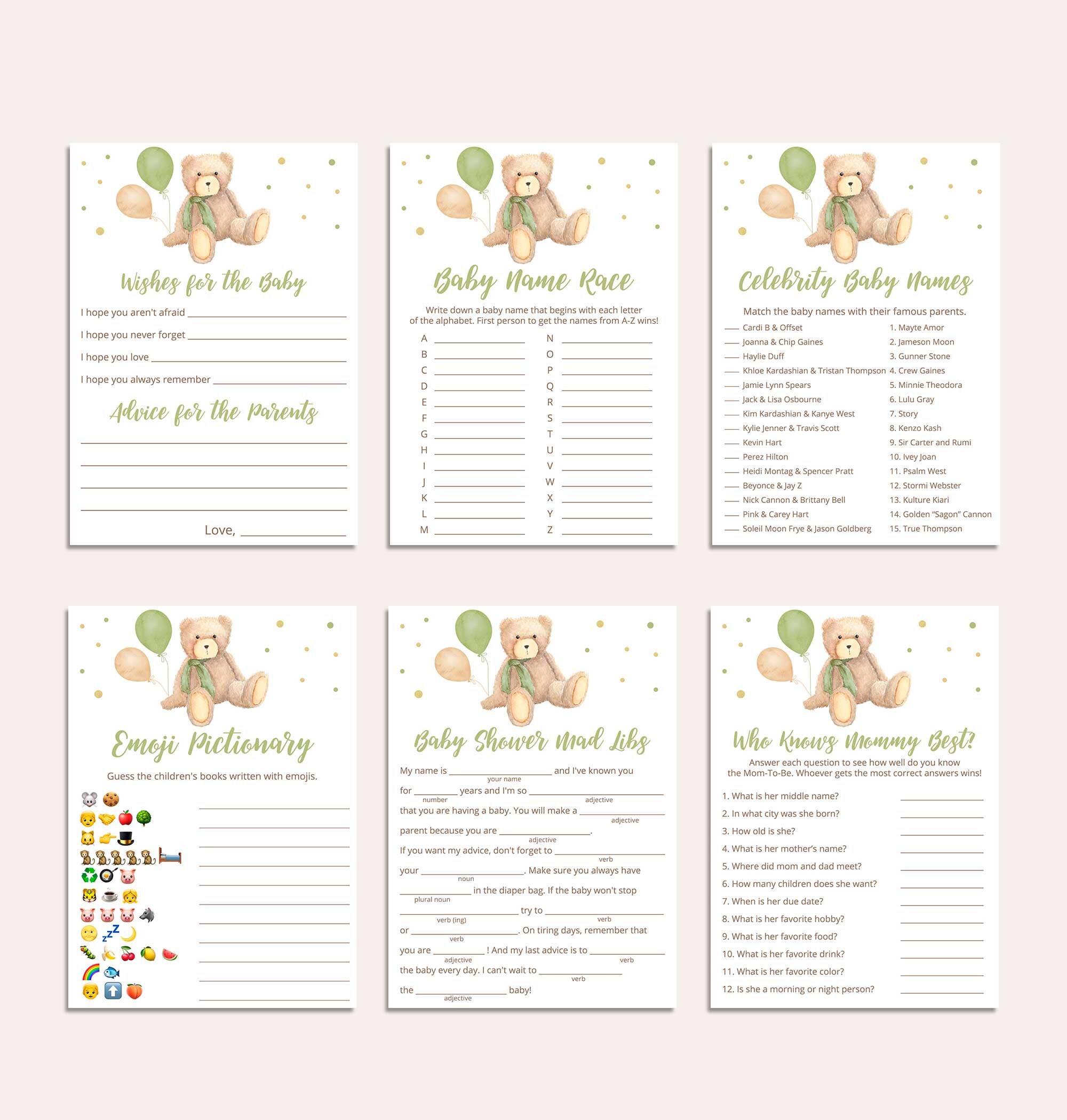 Teddy Bear Baby Shower Game Bundle Virtual Baby Shower Games - Etsy