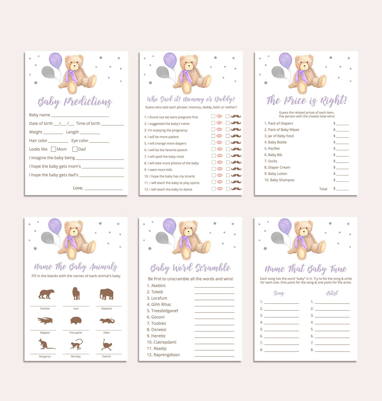 Teddy Bear Baby Shower Game Bundle, Purple Teddy Bear, Baby Girl ...