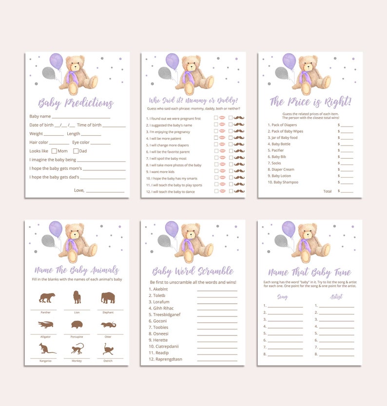 Teddy Bear Baby Shower Game Bundle Purple Teddy Bear Baby - Etsy