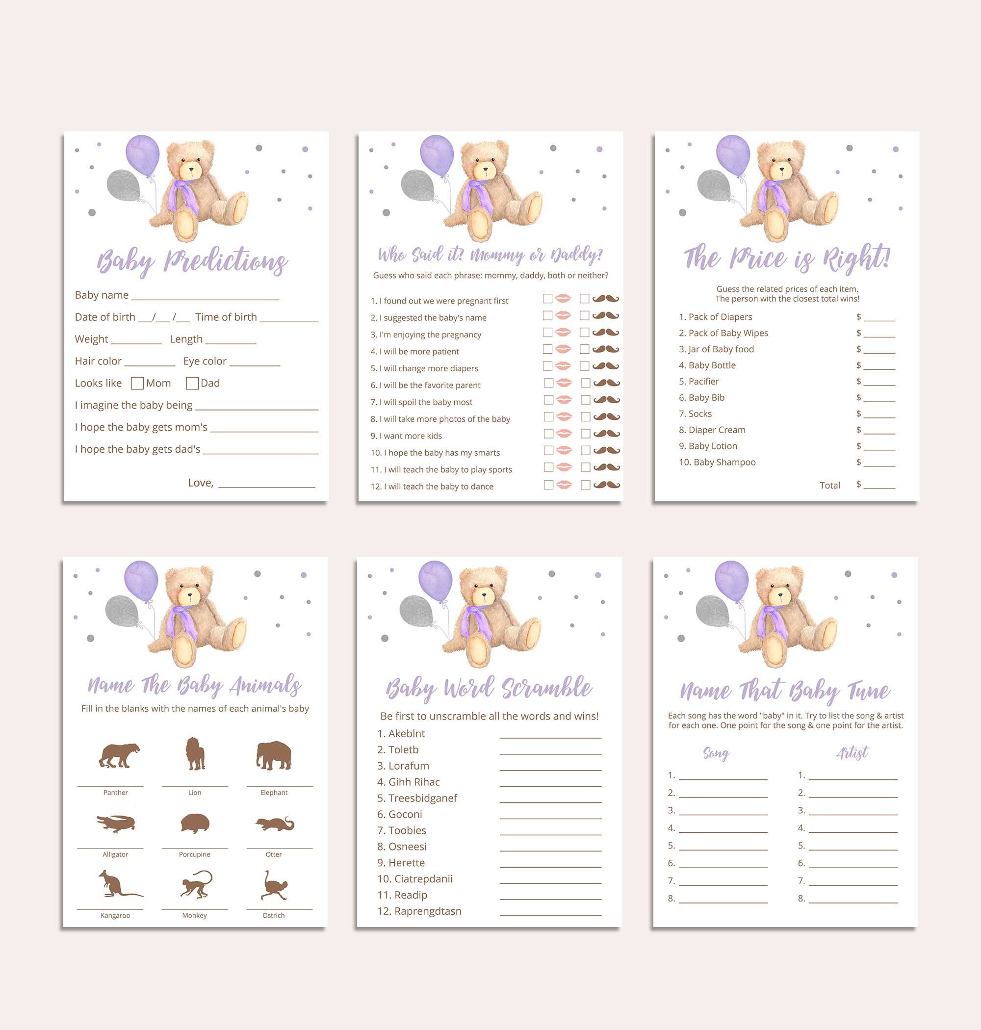 Teddy Bear Baby Shower Game Bundle, Purple Teddy Bear, Baby Girl ...