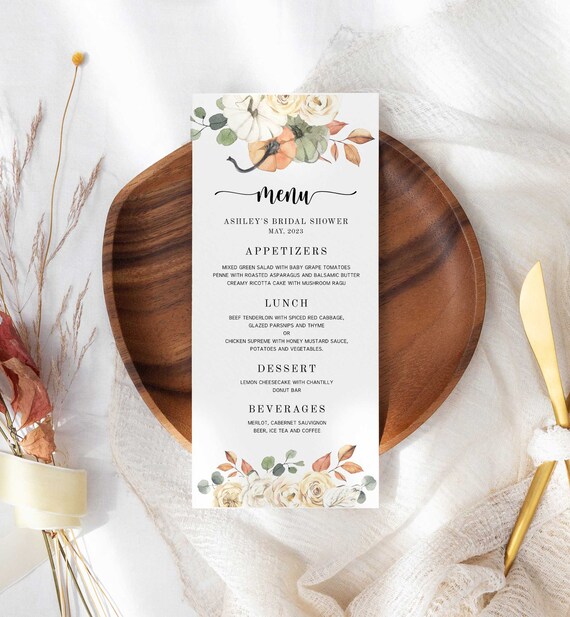 Fall Menu Template, Fall in Love Bridal Shower Menu Card Printable ...