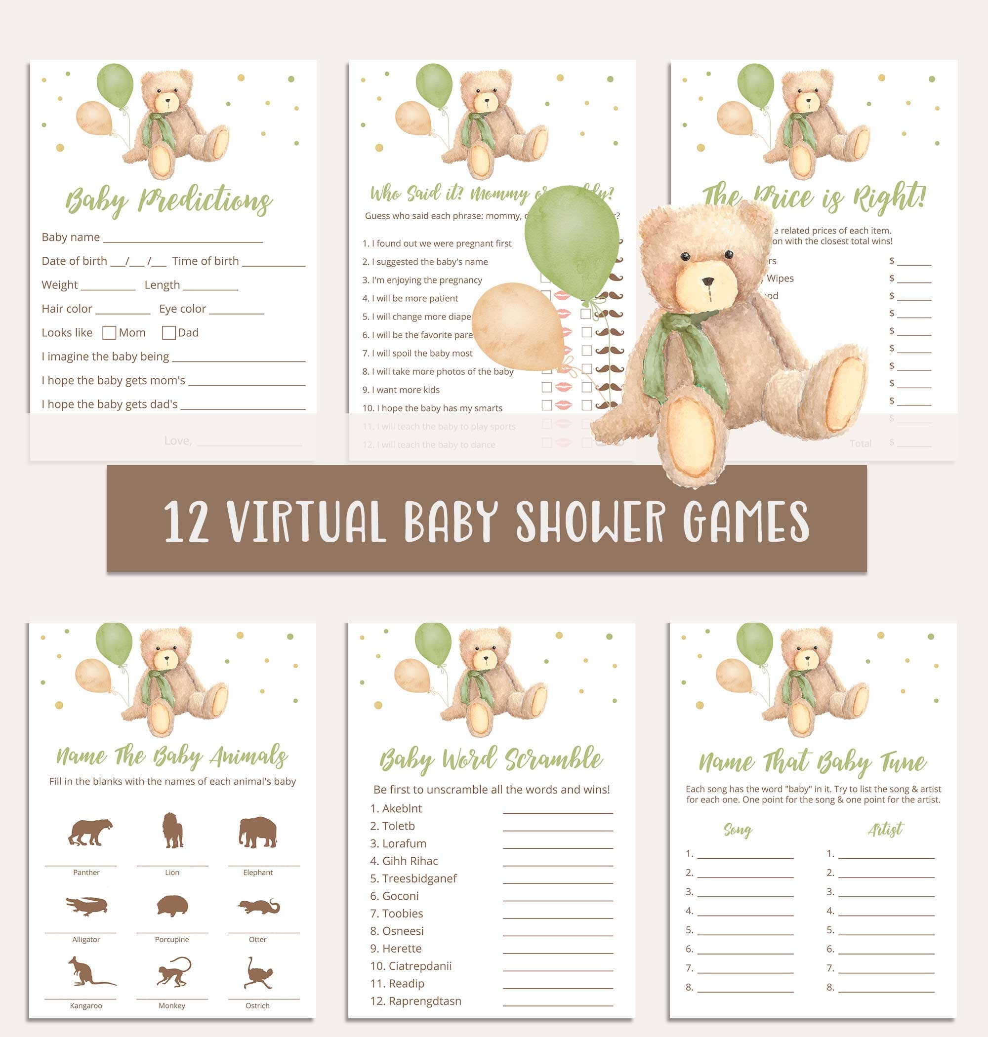 Teddy Bear Baby Shower Game Bundle Virtual Baby Shower Games - Etsy