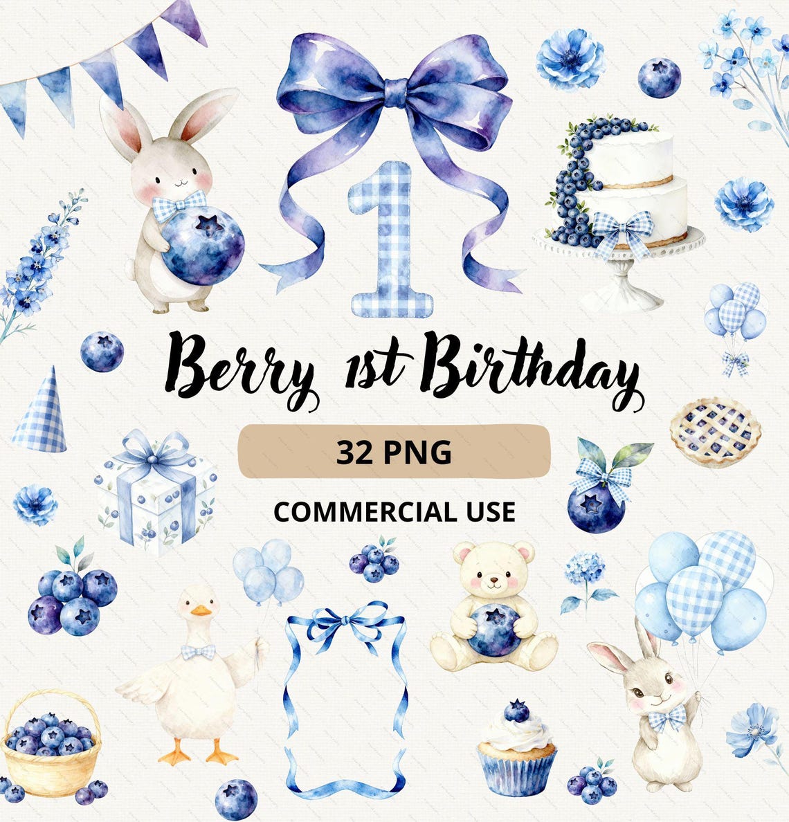 Berry First Birthday Clipart Blue, Watercolor Blueberry, Berry One ...