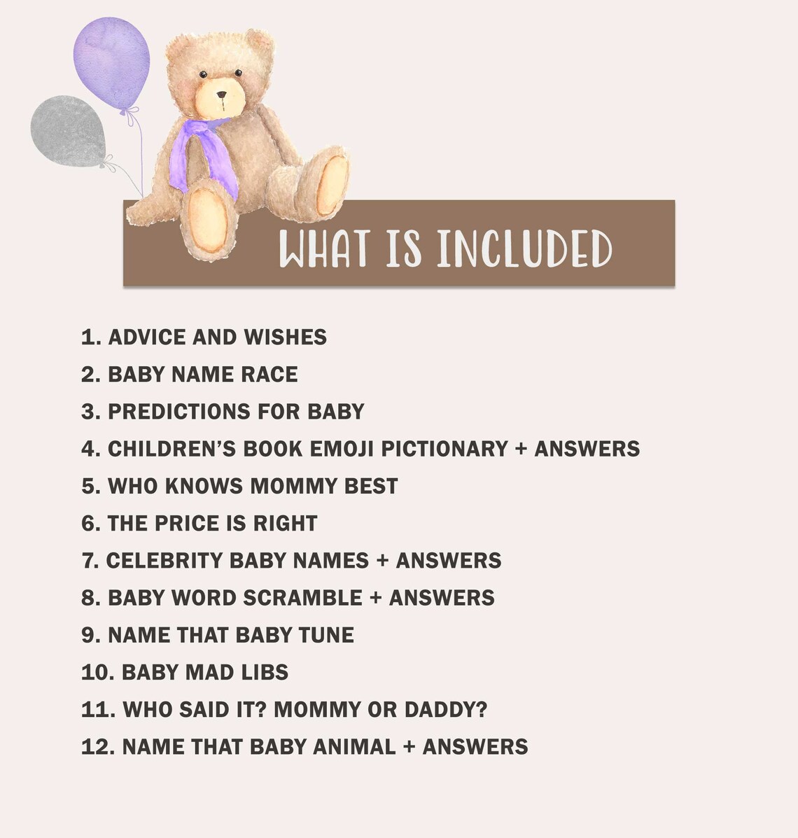 Teddy Bear Baby Shower Game Bundle, Purple Teddy Bear, Baby Girl ...
