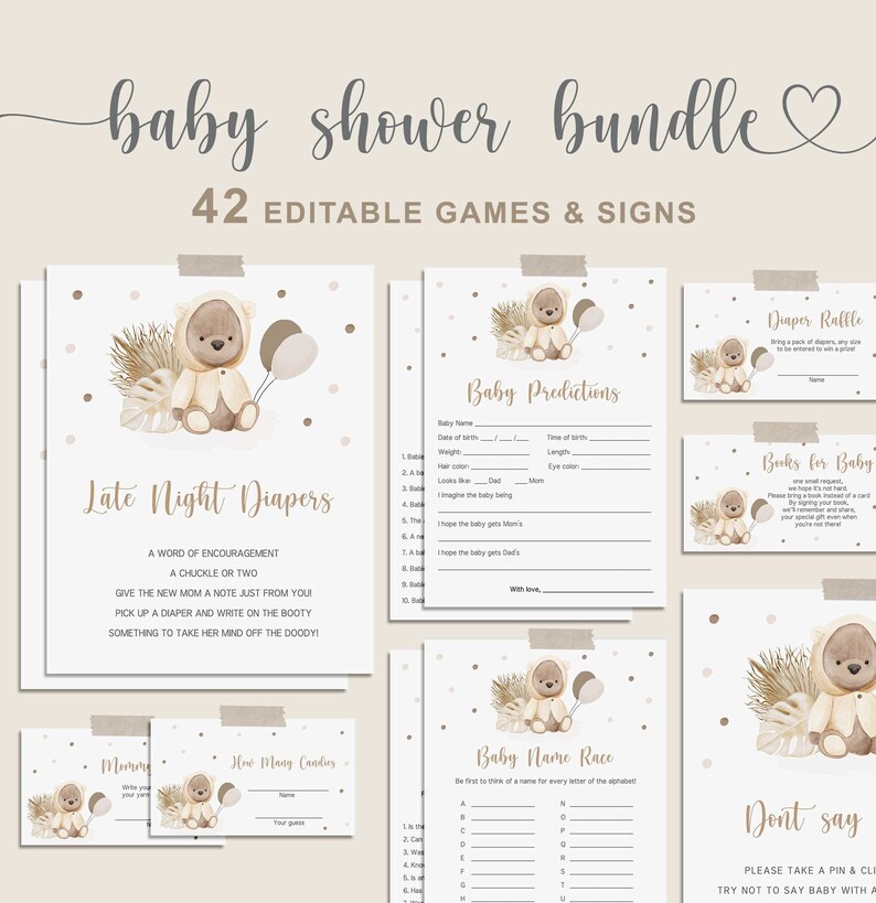 Teddy Bear Baby Shower Games Bundle Boho Baby Shower - Etsy