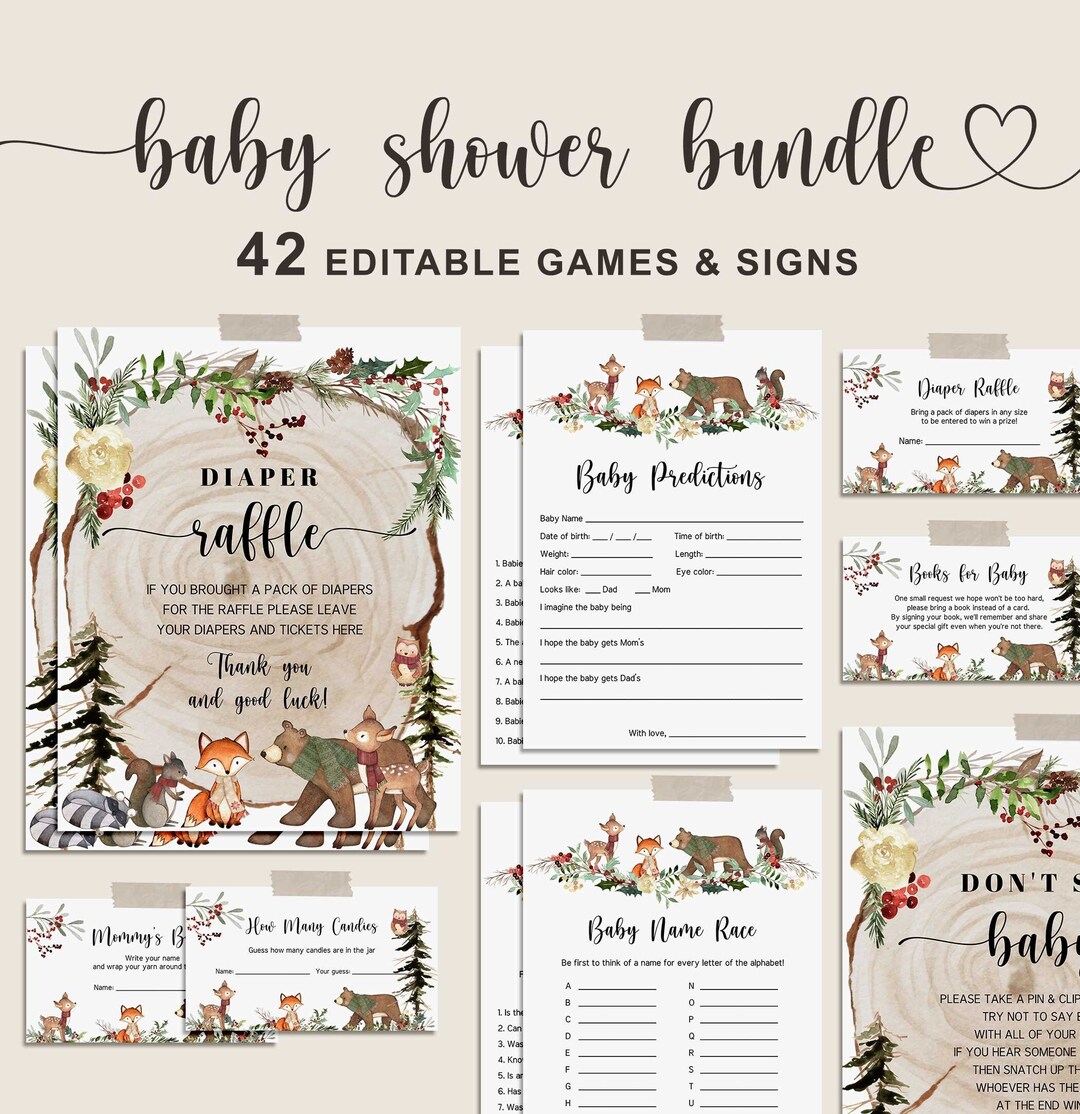 Woodland Baby Shower Games Bundle, Winter Woodland Baby Games Bundle ...