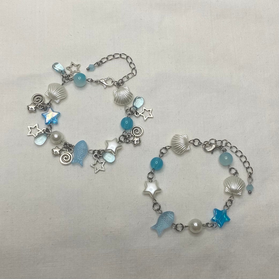 Beaded Charm Bracelet Adjustable Pearl and Blue Fish Handmade ...