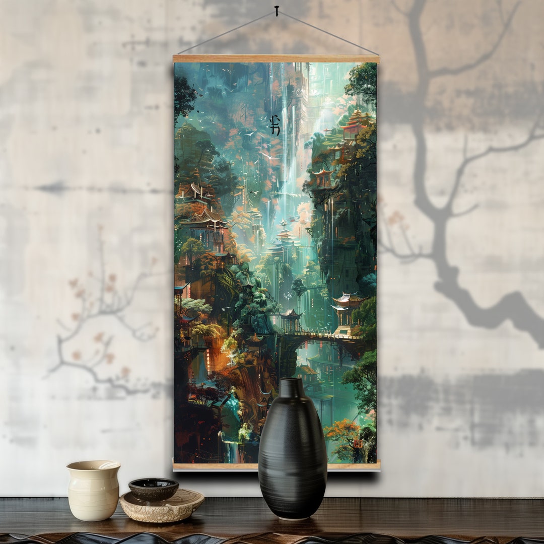 Surreal Asian Forest Wall Art Scroll – Peaceful Fantasy Landscape - Etsy