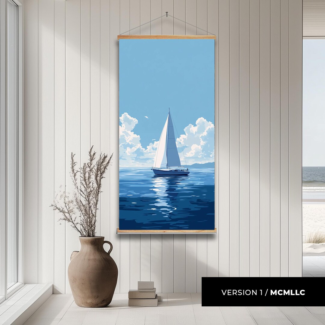 Sail Boat on the Sea - Unique Scroll Art - Ocean Scene 17.5x36 Vertical ...