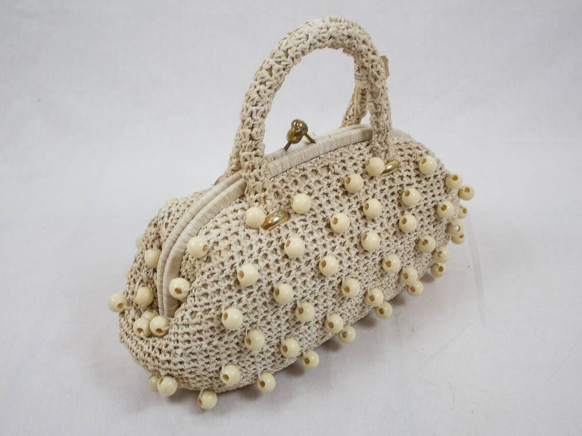 Vintage Bag, Straw Handbag, Cream White Bag, Rockabilly Bag, Made in ...