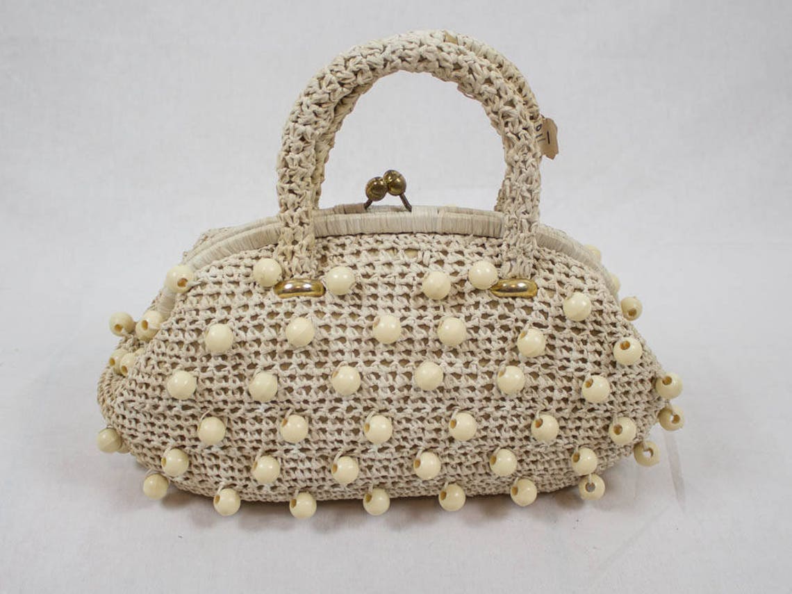 Vintage Bag, Straw Handbag, Cream White Bag, Rockabilly Bag, Made in ...