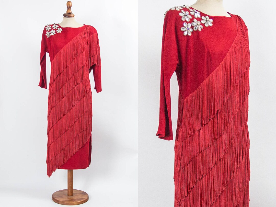 80s Party Dress, Red Dress, 80s Vintage Dress, Fringes Dress, Eighties ...