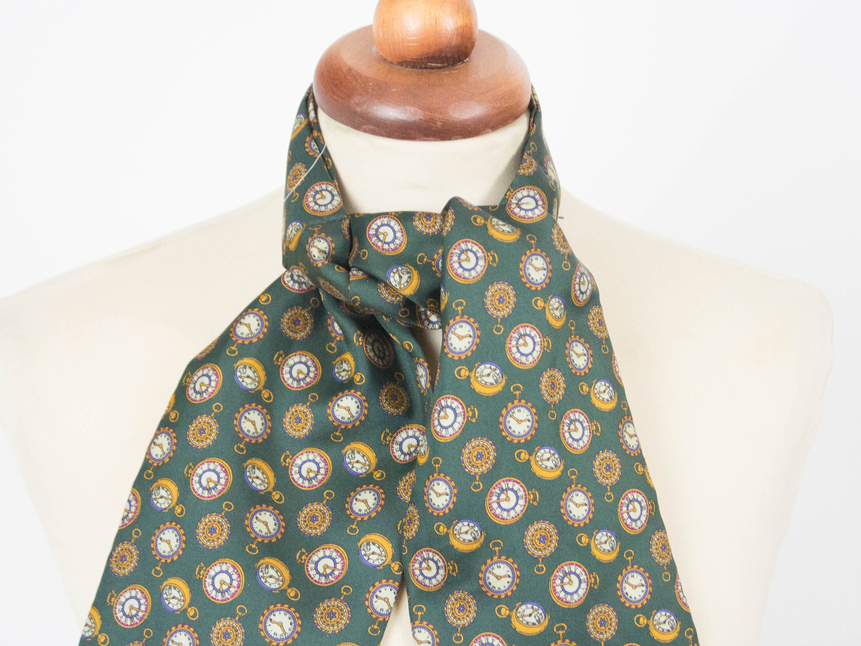 Silk Neckerchief, Vintage 60s Scarf, Clock Motif, 60s Fashion, Bow ...