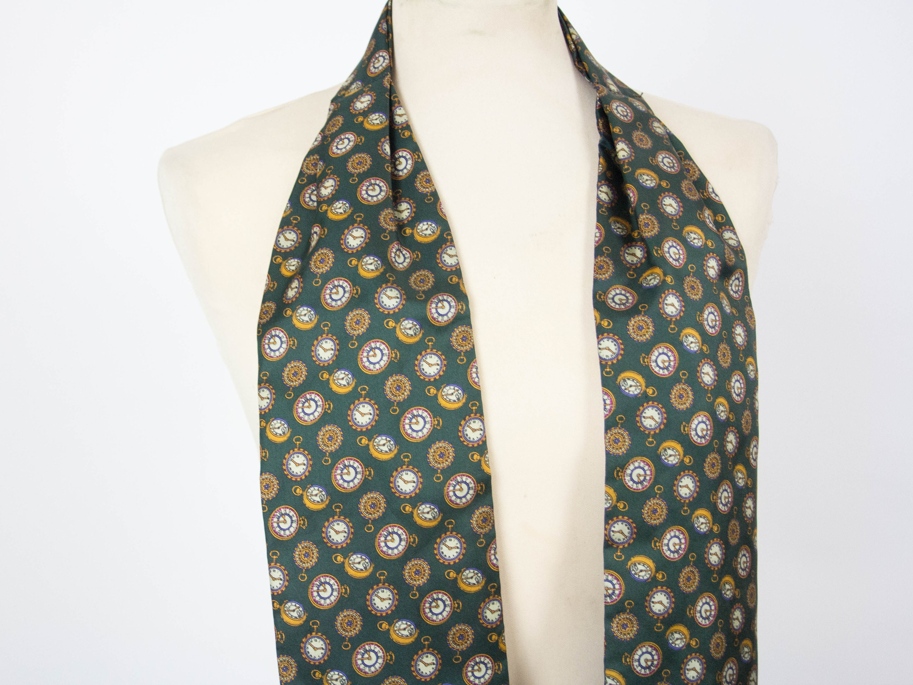 Silk Neckerchief, Vintage 60s Scarf, Clock Motif, 60s Fashion, Bow ...