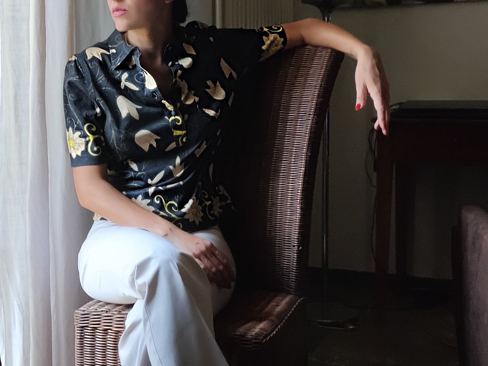 Capri, Vintage Eighties, Floral, Hand Painted, 60s 70s, Black Beige ...