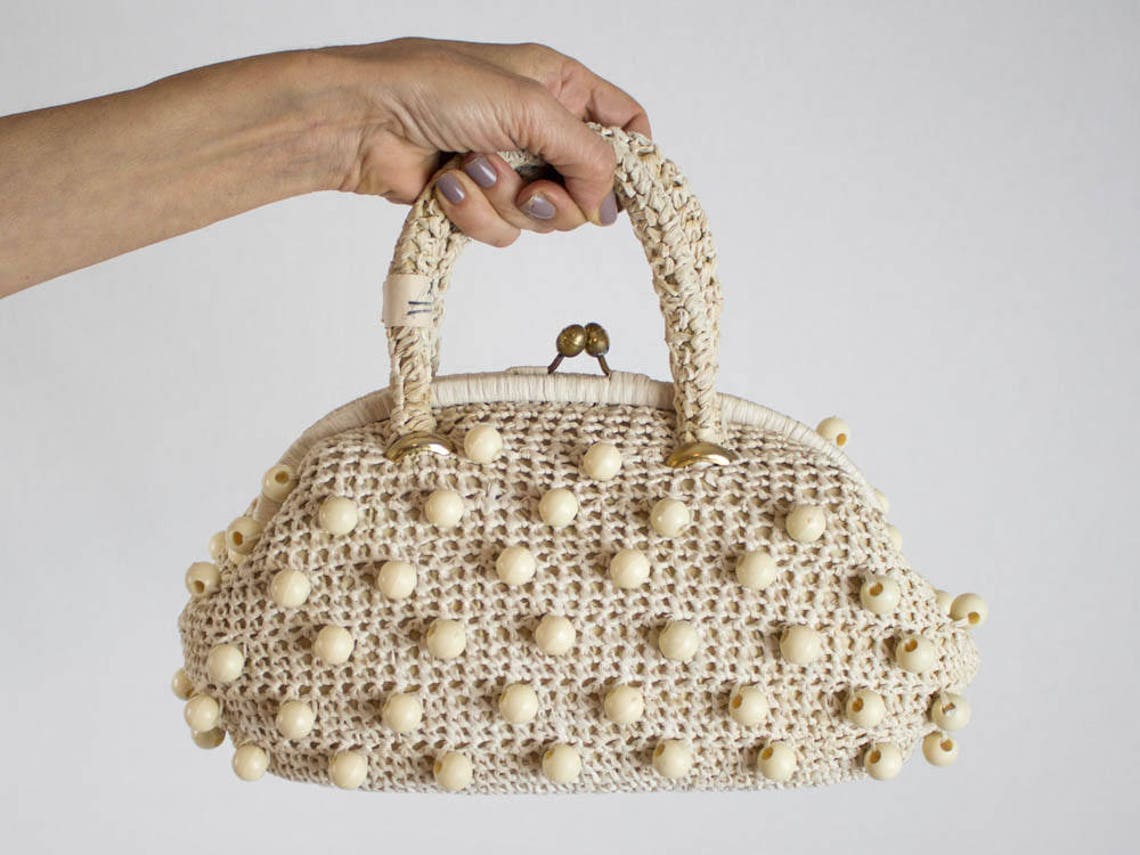 Vintage Bag, Straw Handbag, Cream White Bag, Rockabilly Bag, Made in ...