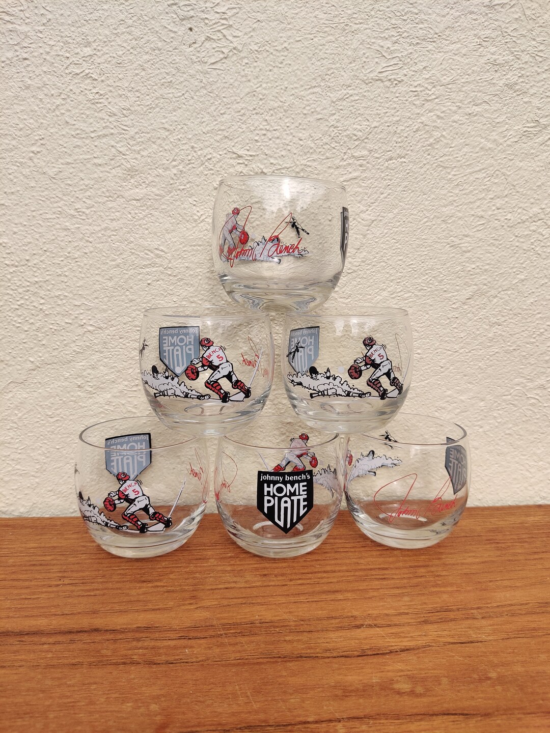 Johnny Bench Home Plate Restaurant, Set of 6 Glasses Vintage 1970s 80s ...