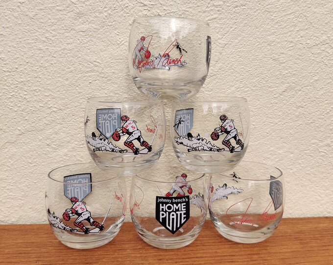 Johnny Bench Home Plate Restaurant, Set of 6 Glasses Vintage 1970s 80s ...