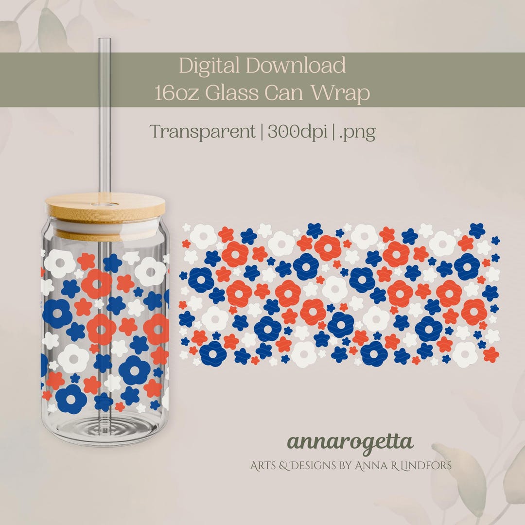 Patriotic Floral Digital Glass Can Wrap 16oz Glass Sipper Libbey ...