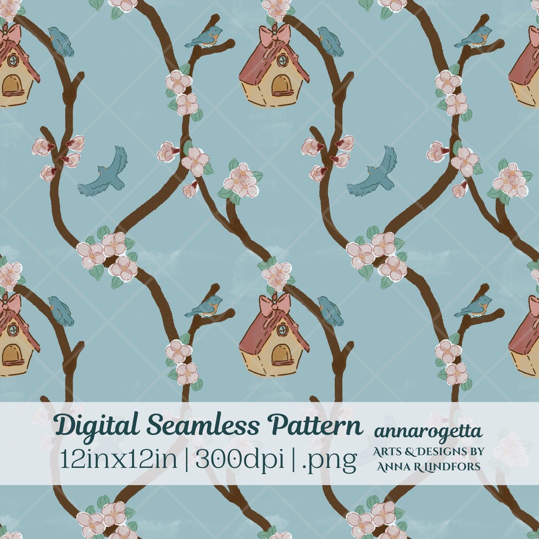 Dogwood Bluebird Watercolor Blue Seamless Pattern Surface Design ...