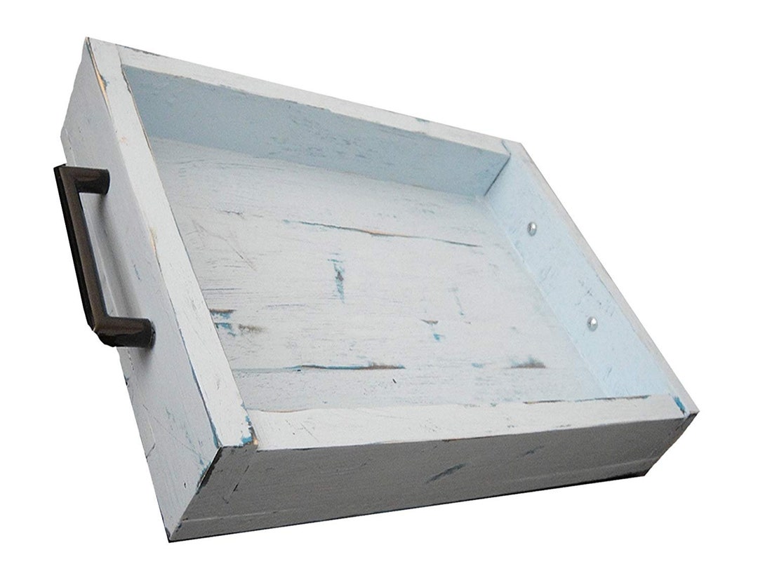 Wood Display / Serving Tray - Light Blue / Black Handle - Decorative ...
