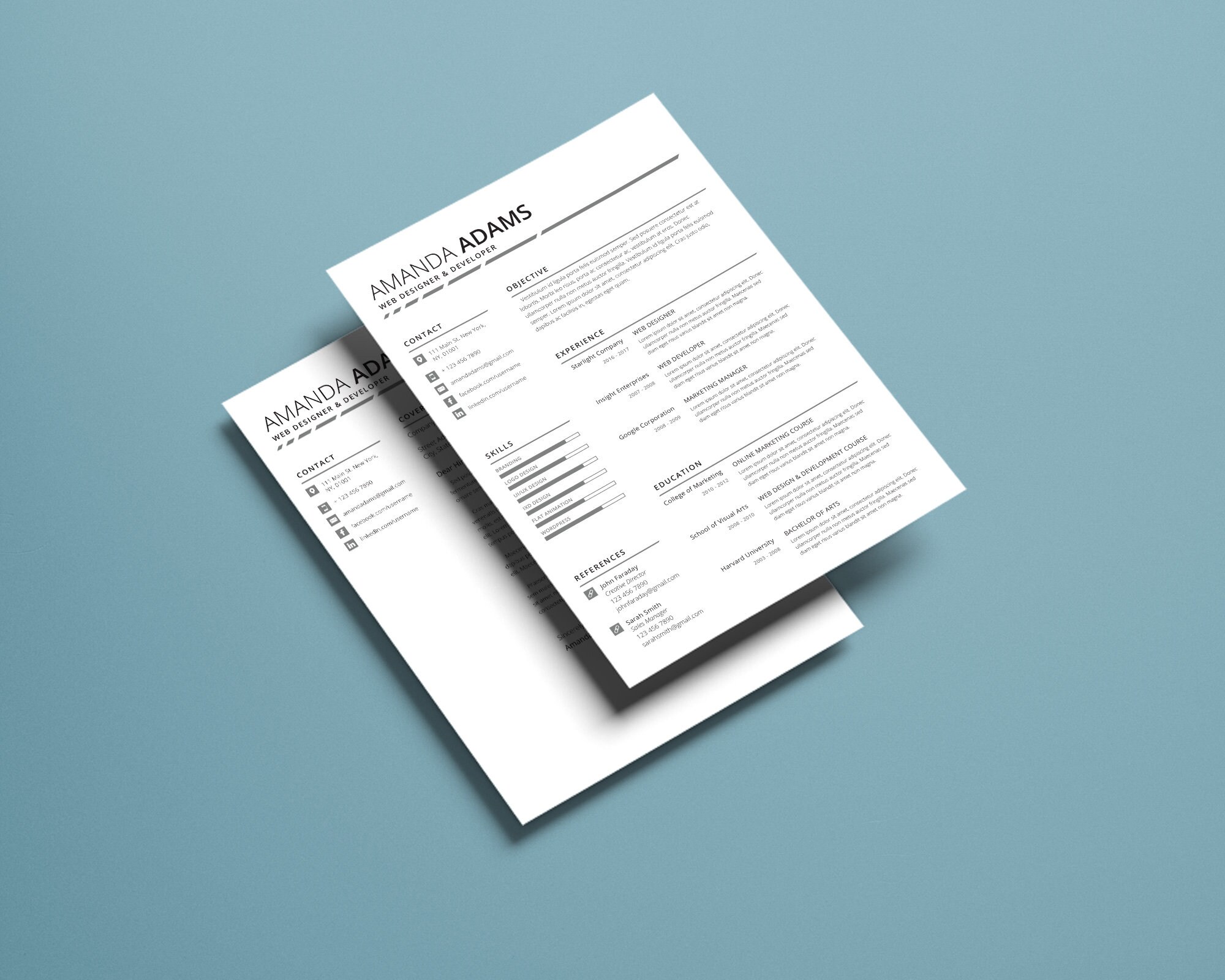 One Page Resume Template With Card and Icons - Etsy