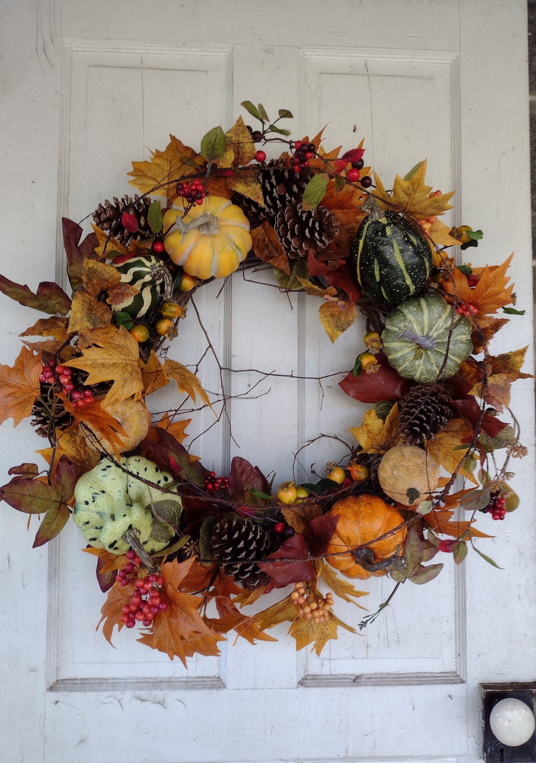 New! Farmhouse Pumpkin and Gourd Wreath, Fall Harvest Wreath, Maple ...