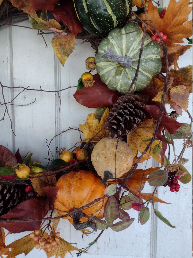 New! Farmhouse Pumpkin and Gourd Wreath, Fall Harvest Wreath, Maple ...