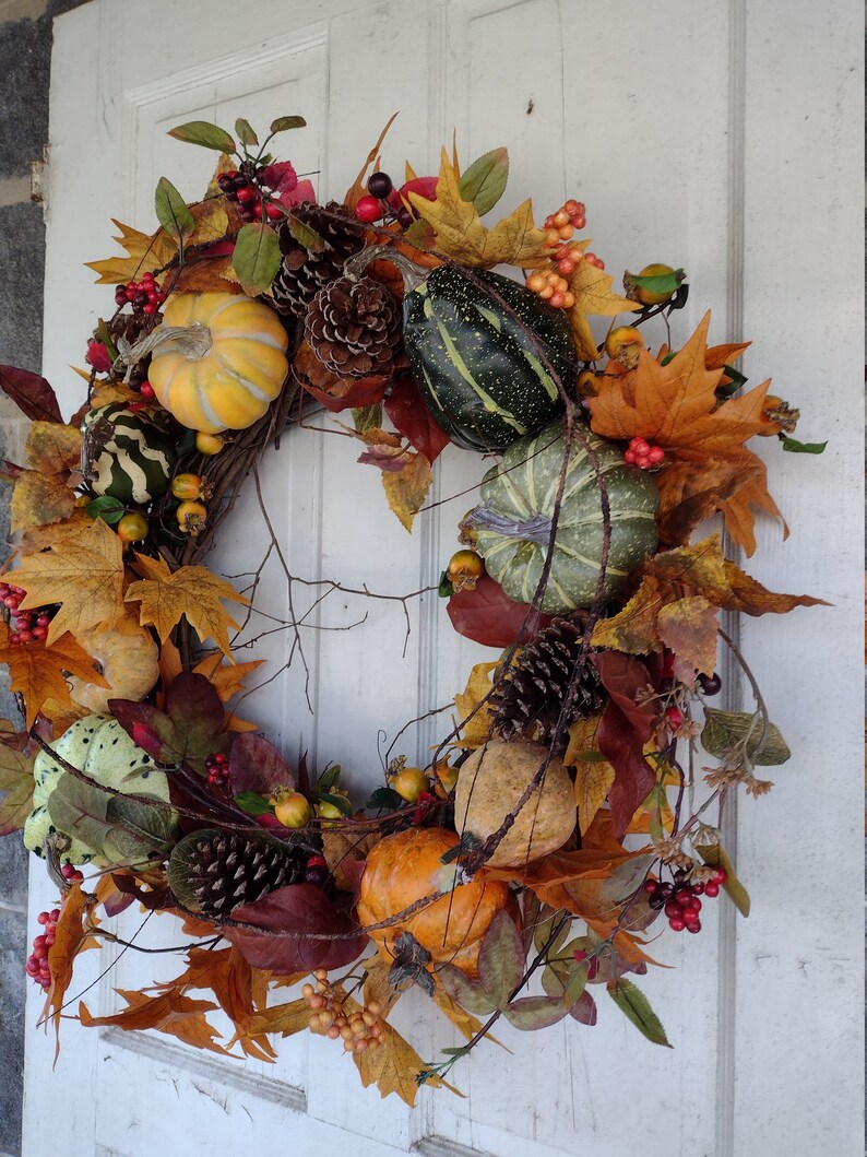 New! Farmhouse Pumpkin and Gourd Wreath, Fall Harvest Wreath, Maple ...
