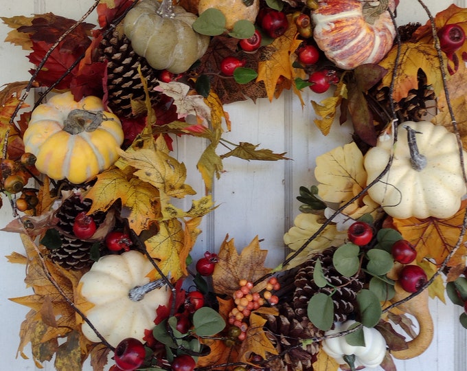 New! Fall Harvest Wreath, Pumpkin and Gourd Wreath, Fall Farmhouse ...