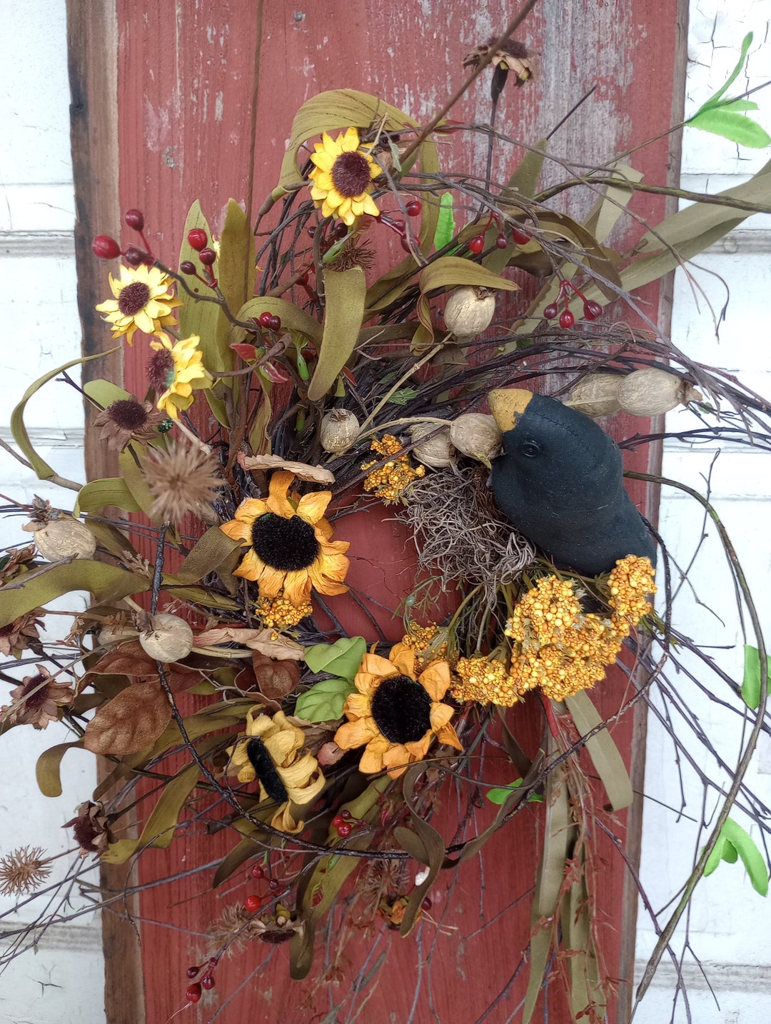 Primitive Country Crow Wreath, Sunflower and Herb Crow Wreath, Crowd ...