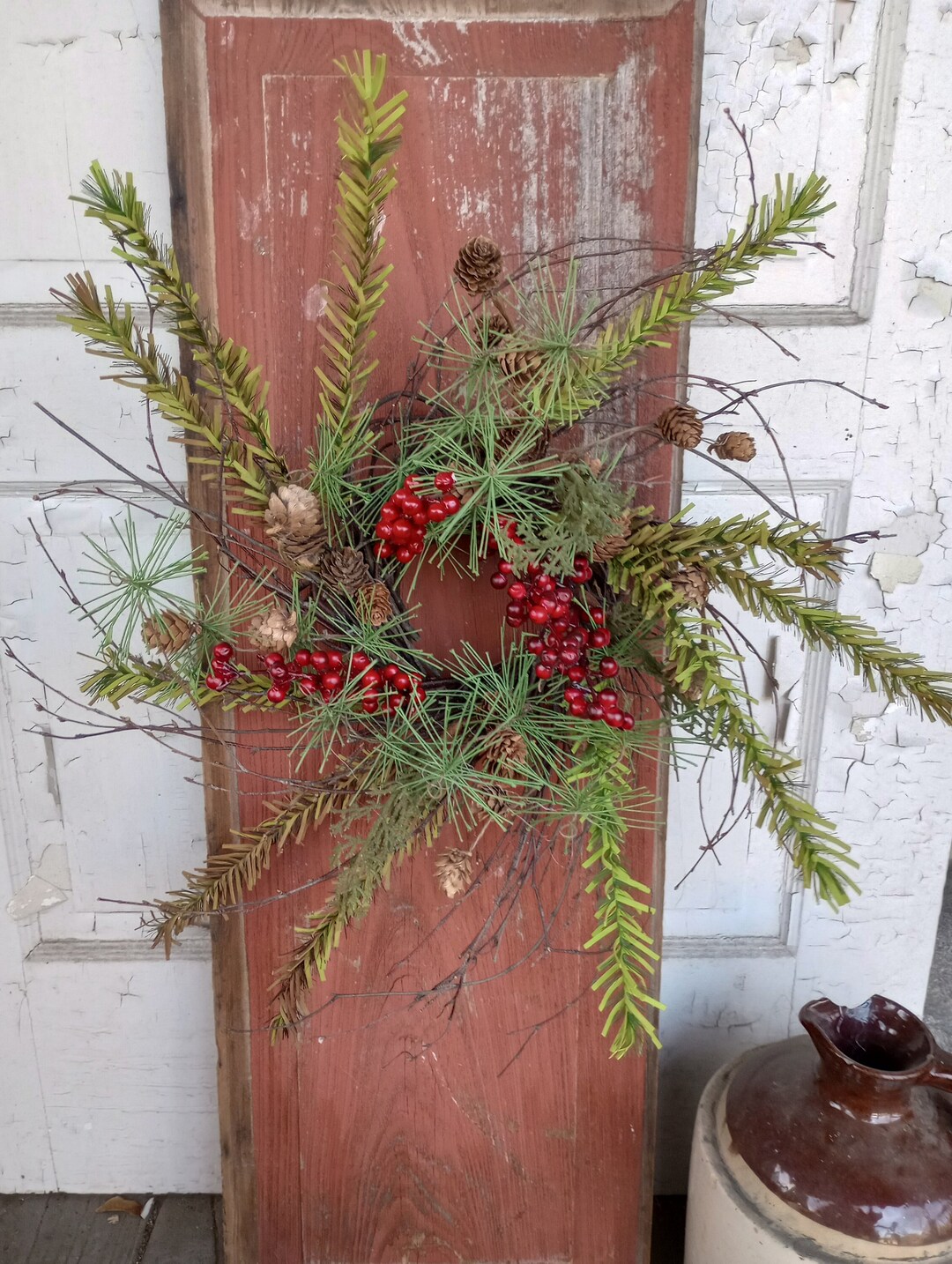 Simple Pine and Berry Cupboard Wreath, Primitive Wreath, Country Wreath ...