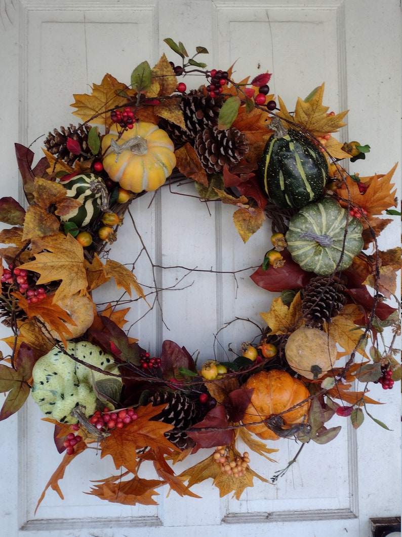 New! Farmhouse Pumpkin and Gourd Wreath, Fall Harvest Wreath, Maple ...