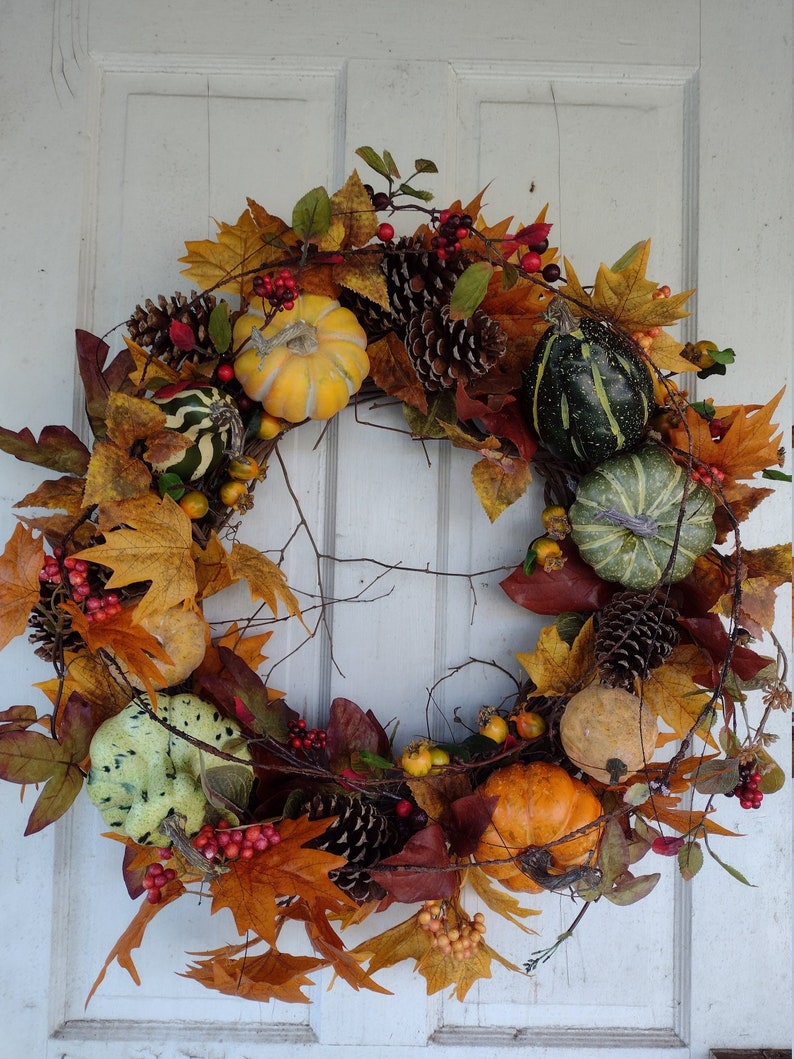 New! Farmhouse Pumpkin and Gourd Wreath, Fall Harvest Wreath, Maple ...