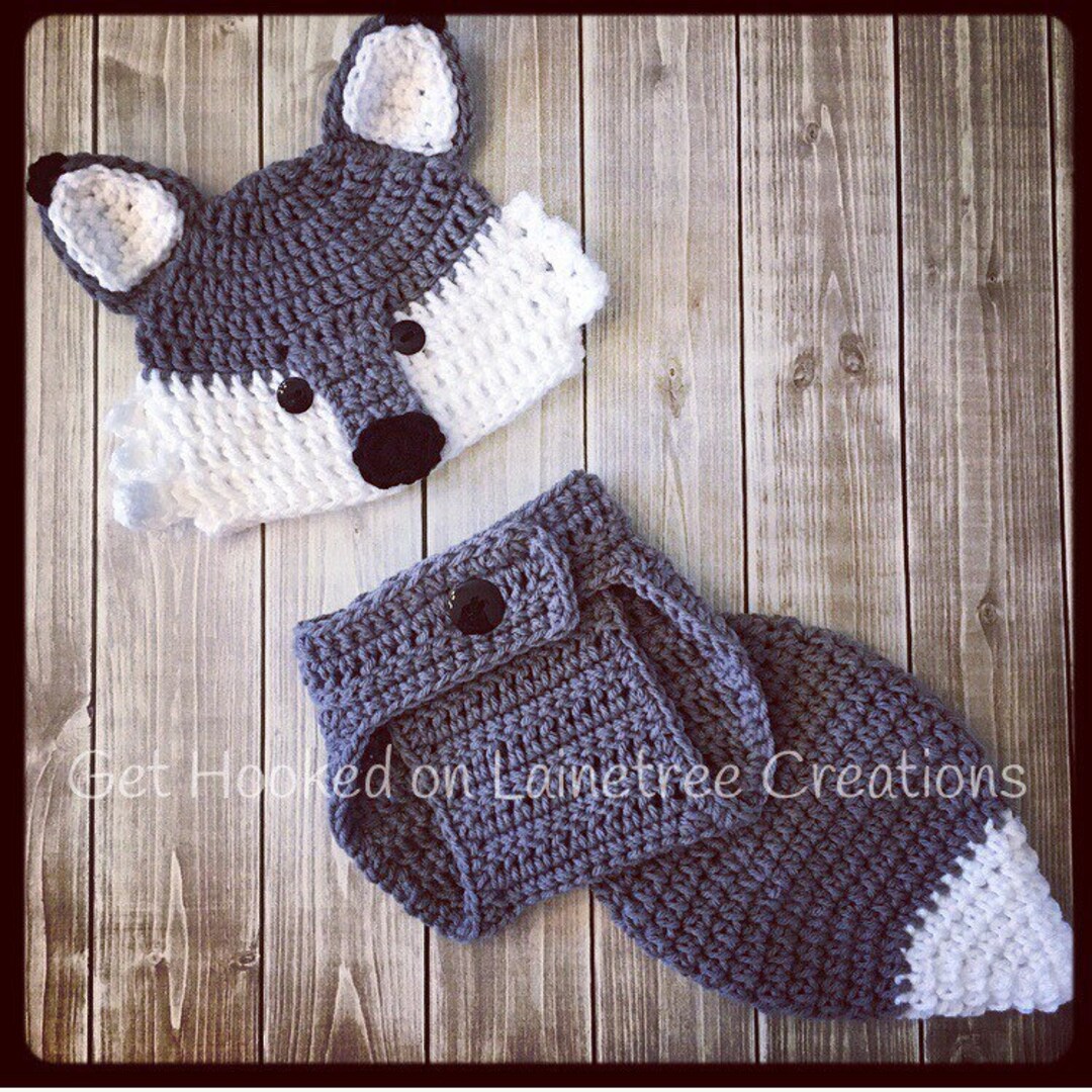 Baby Wolf Hat and Diaper Cover Set, Photo Outfit for Newborn Girl or ...