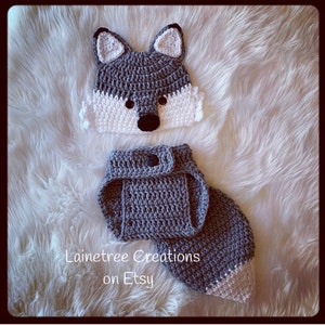 Baby Wolf Hat and Diaper Cover Set, Photo Outfit for Newborn Girl or ...