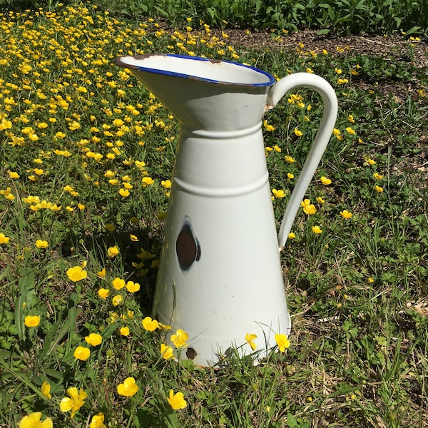 White Enamel Pitcher - Etsy