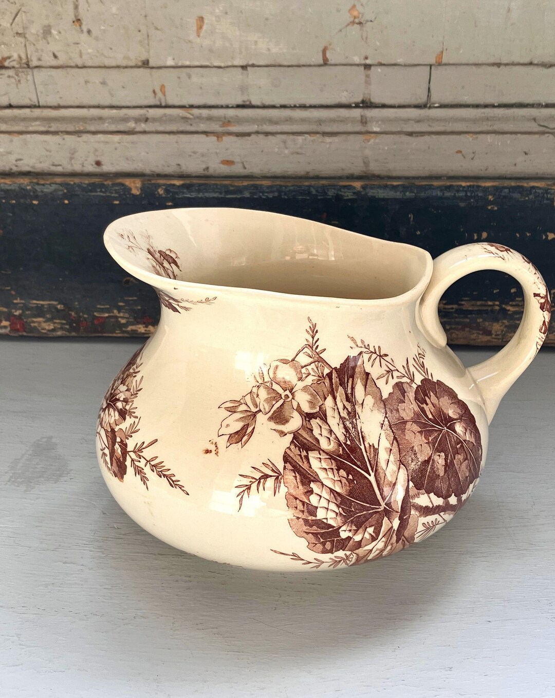 Antique French Washing Pitcher Brown and White Ironstone / Water ...