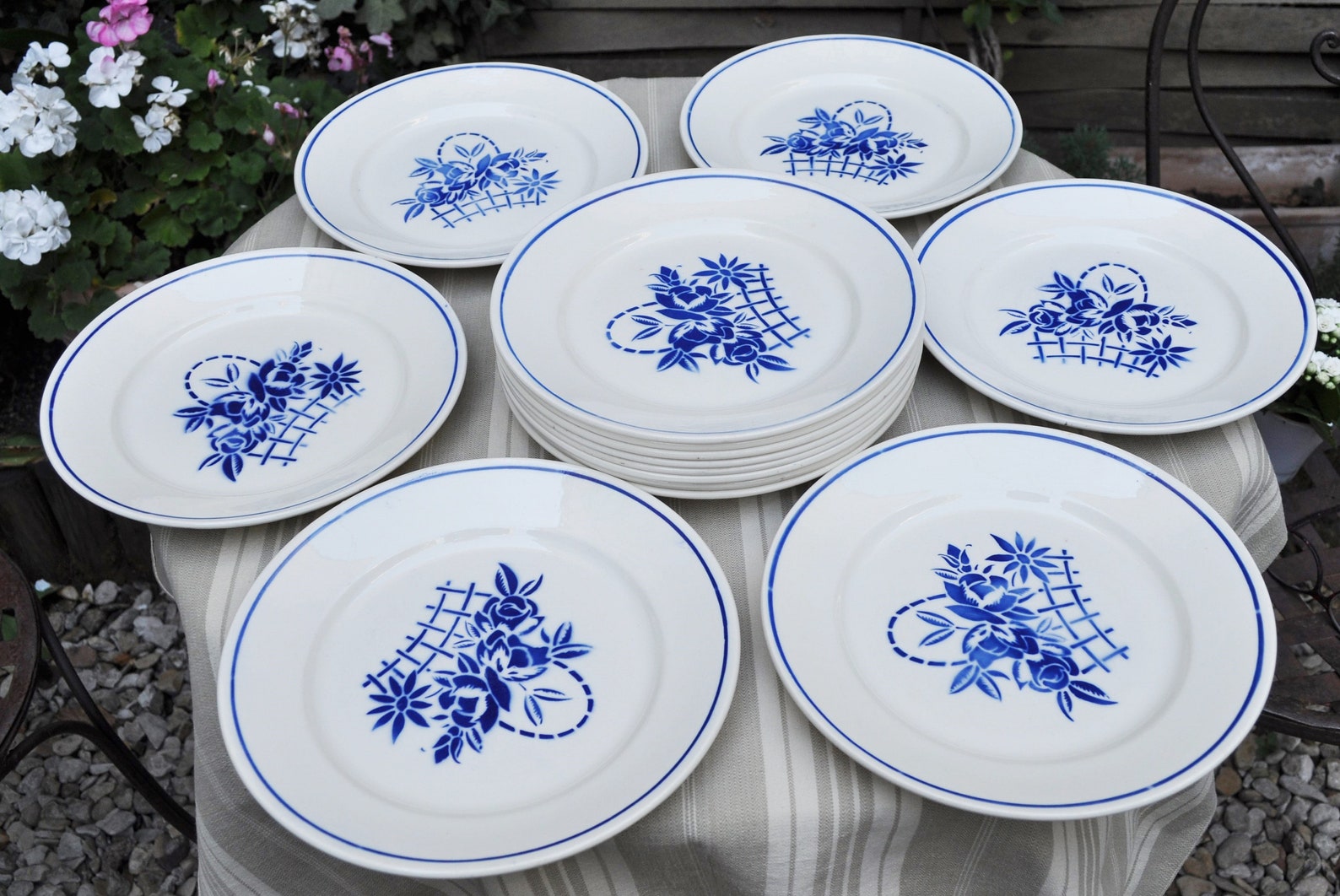Set of 6 Vintage French Dinner Plates White and Blue Stencil - Etsy