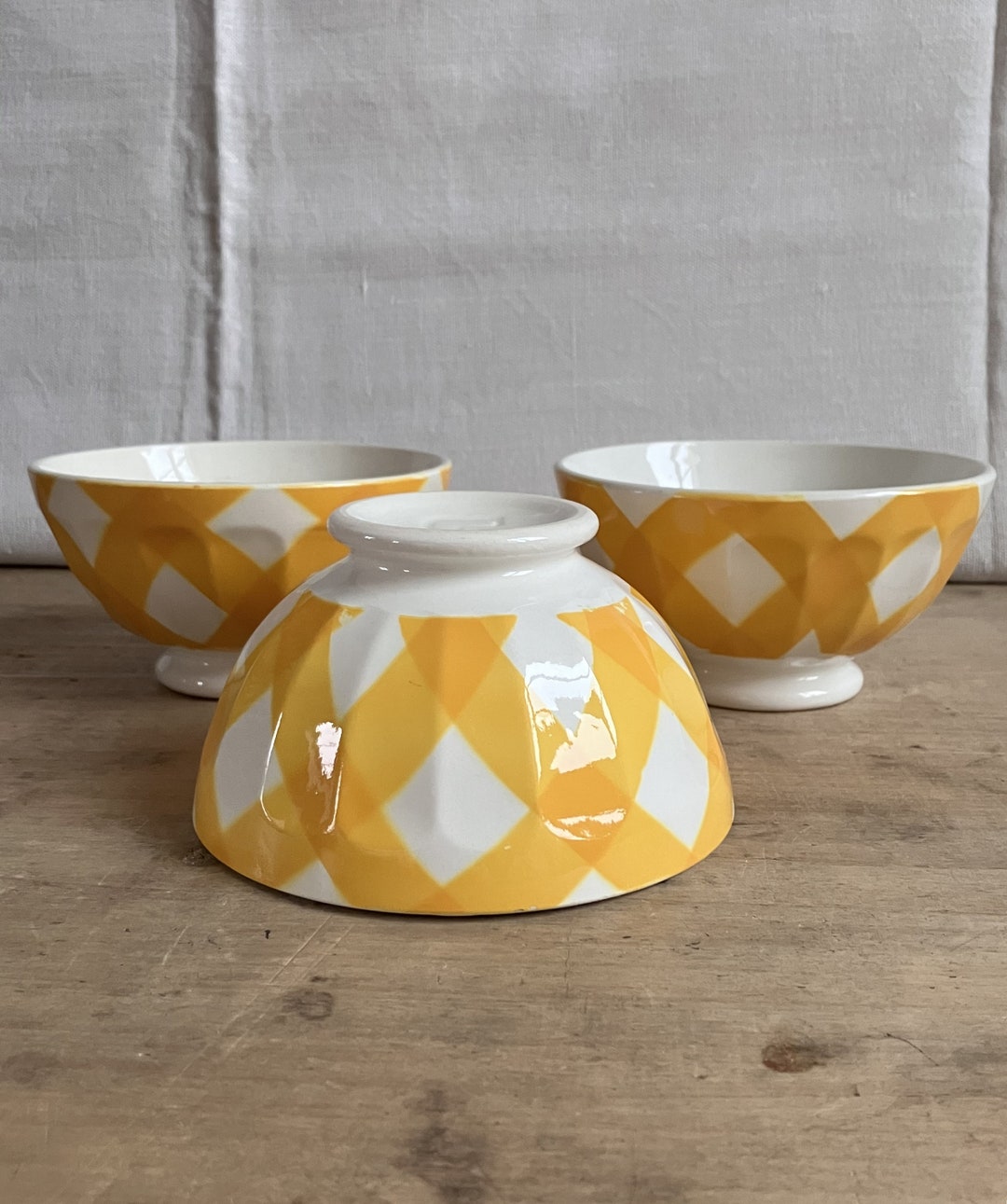 SARREGUEMINES 3 Vintage French Coffee Bowls Faceted, White and Yellow ...