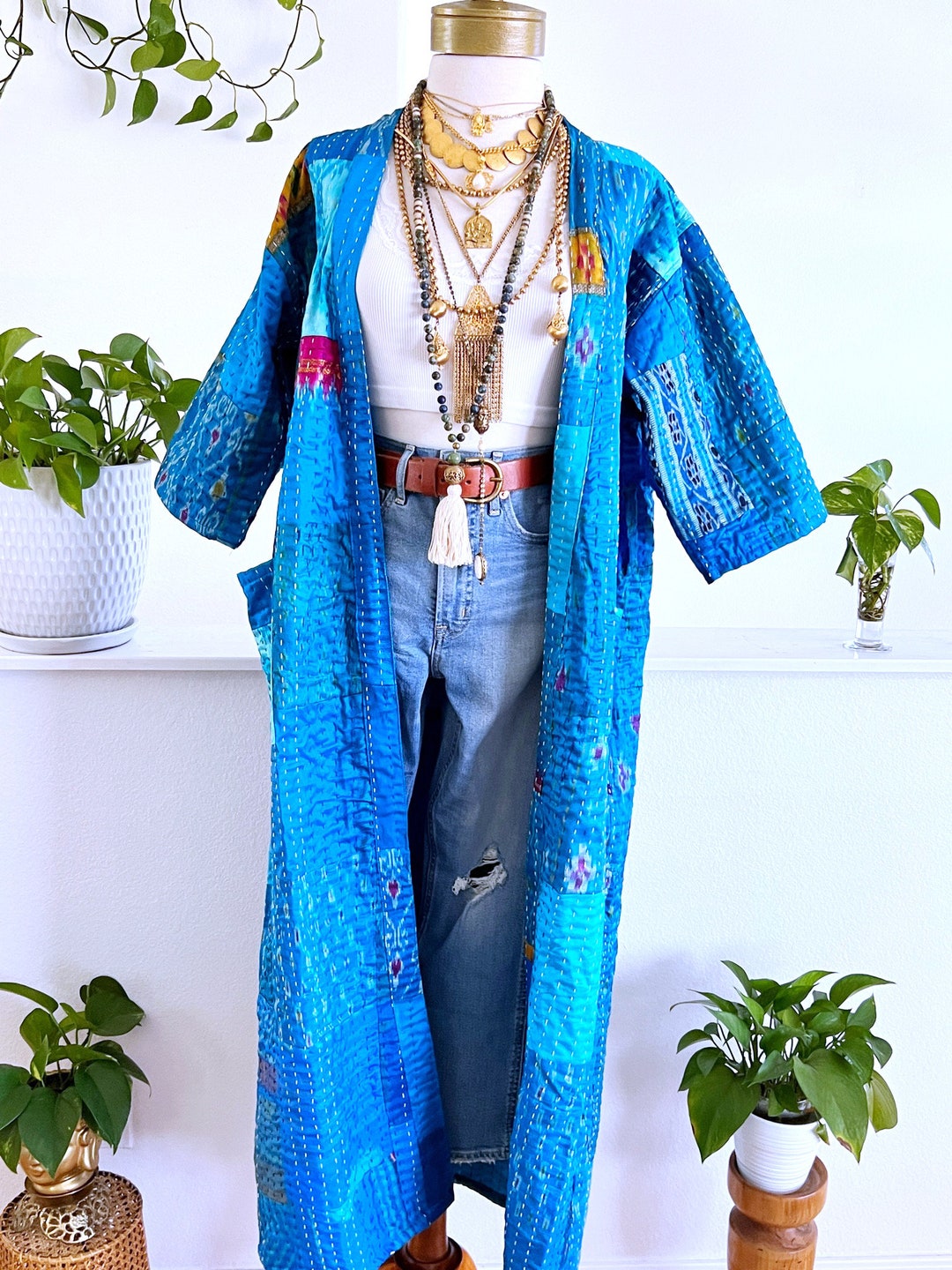Bright Turquoise Quilt Robe, Hand Stitched, Made From Vintage Silk ...