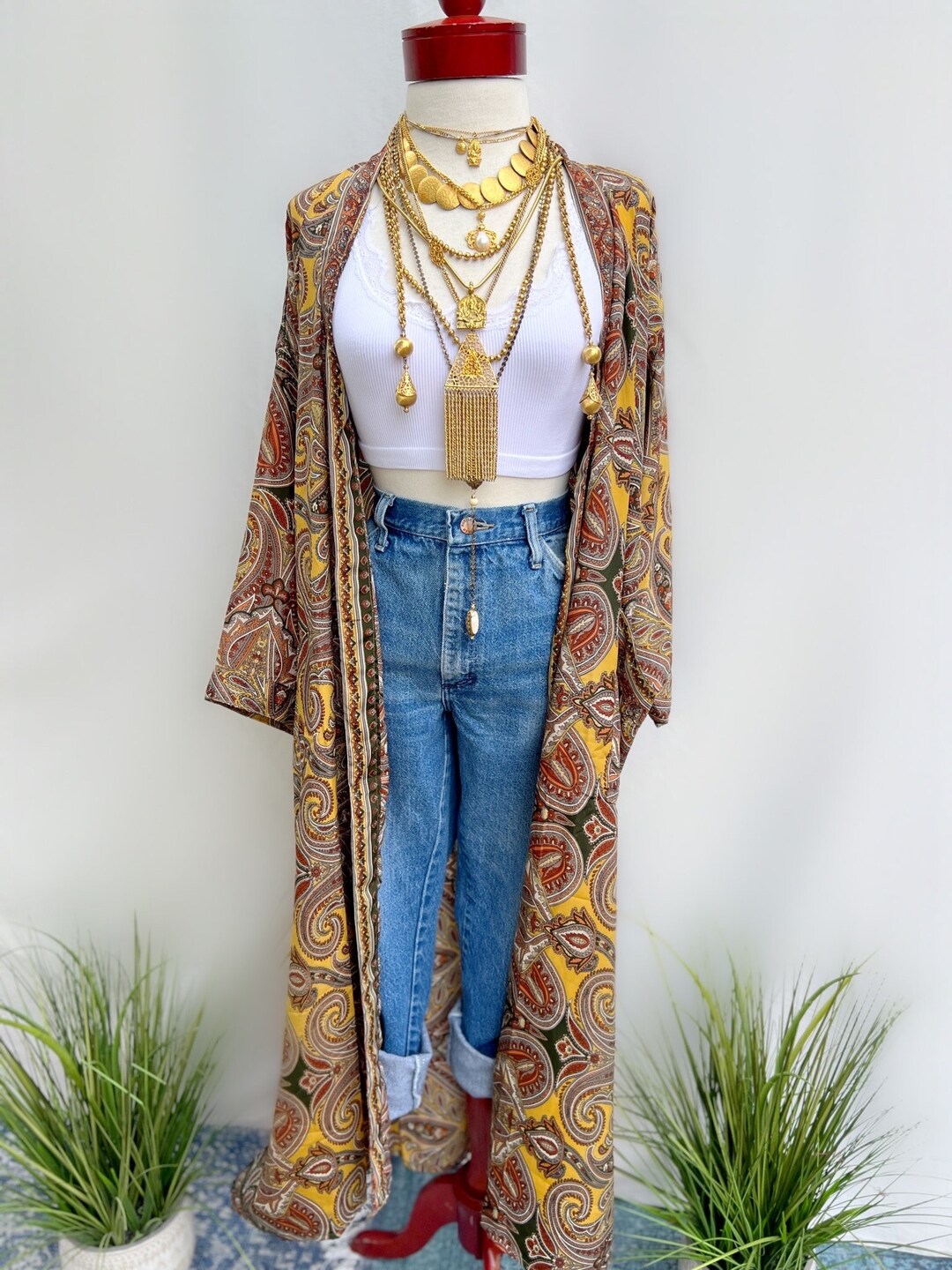 Beige, Yellow, Brown, Robe Made From Vintage Sari Material, Bohemian ...