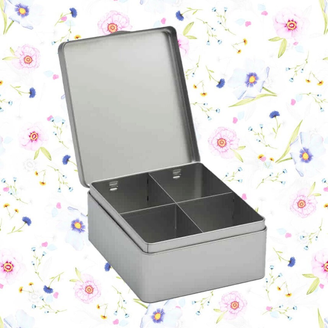 4 Compartment Storage Tin With Hinged Lid Plain Silver Colour Square ...