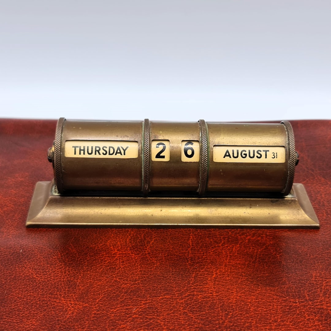 Vintage Brass Perpetual Calendar - Rotating Barrel Style Metal Desktop ...