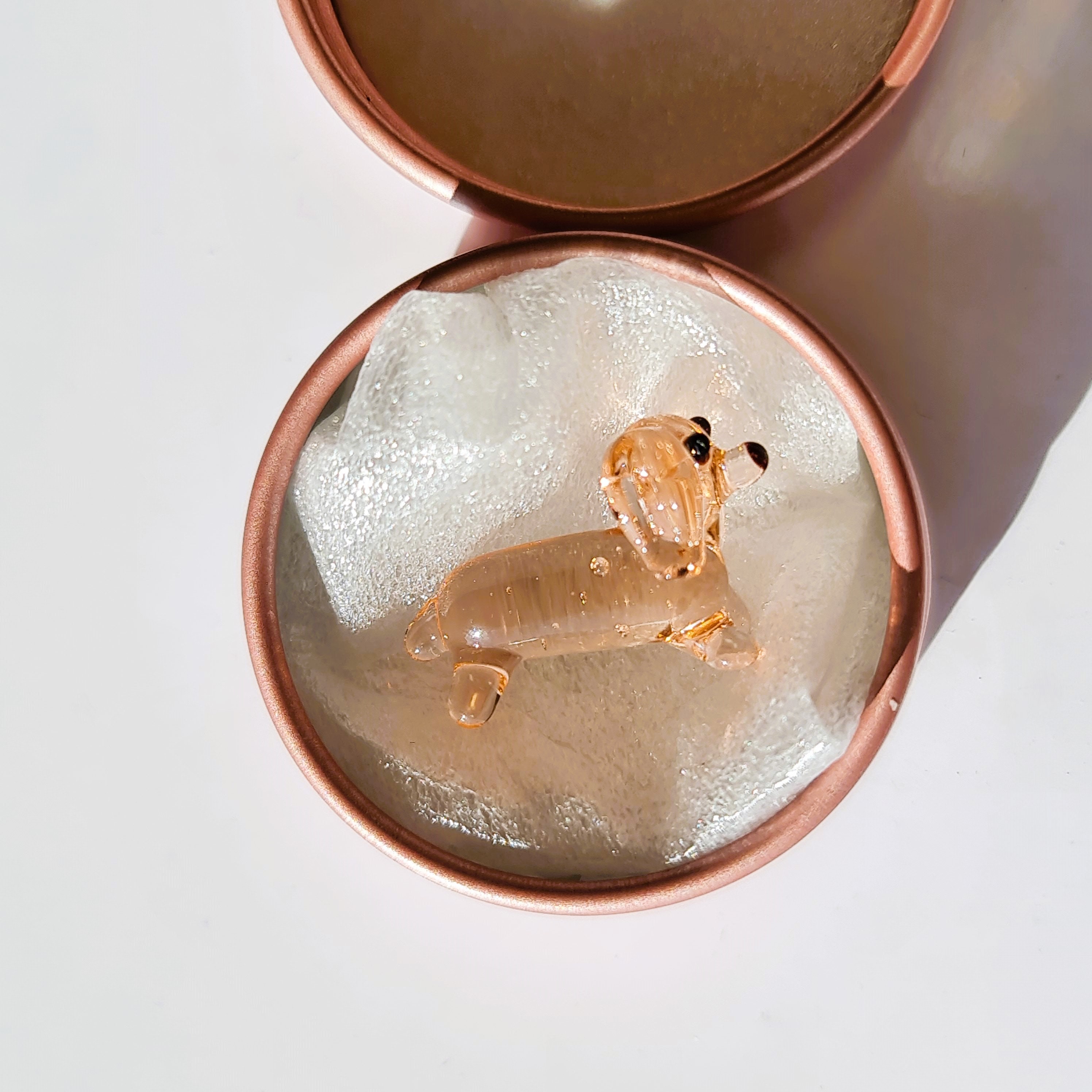 Mini Glass Dachsund Puppy in Tiny Rose Gold Gift Tin - Cute Little ...