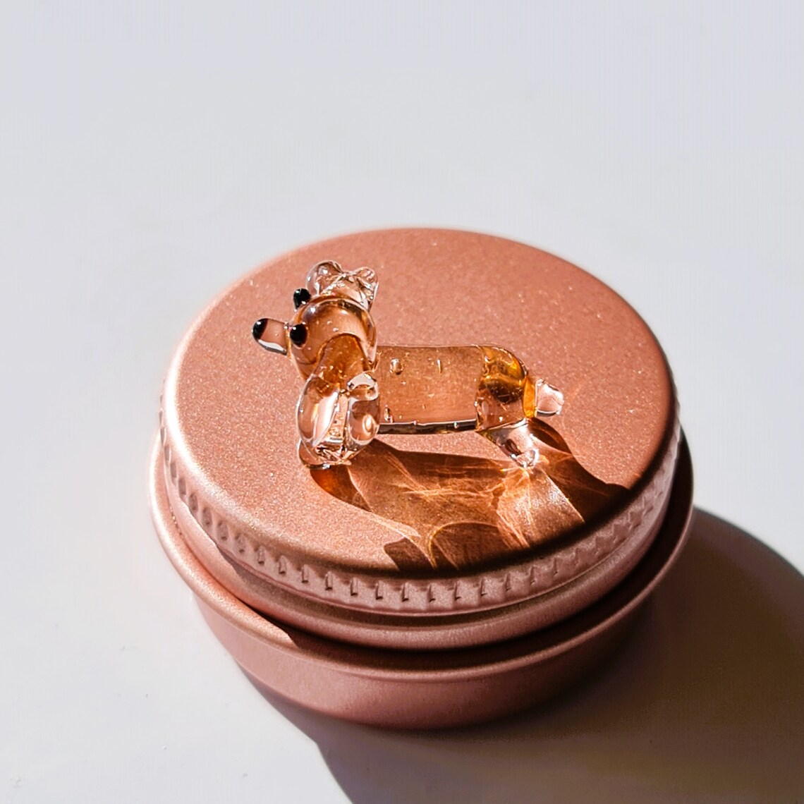 Mini Glass Dachsund Puppy in Tiny Rose Gold Gift Tin - Cute Little ...