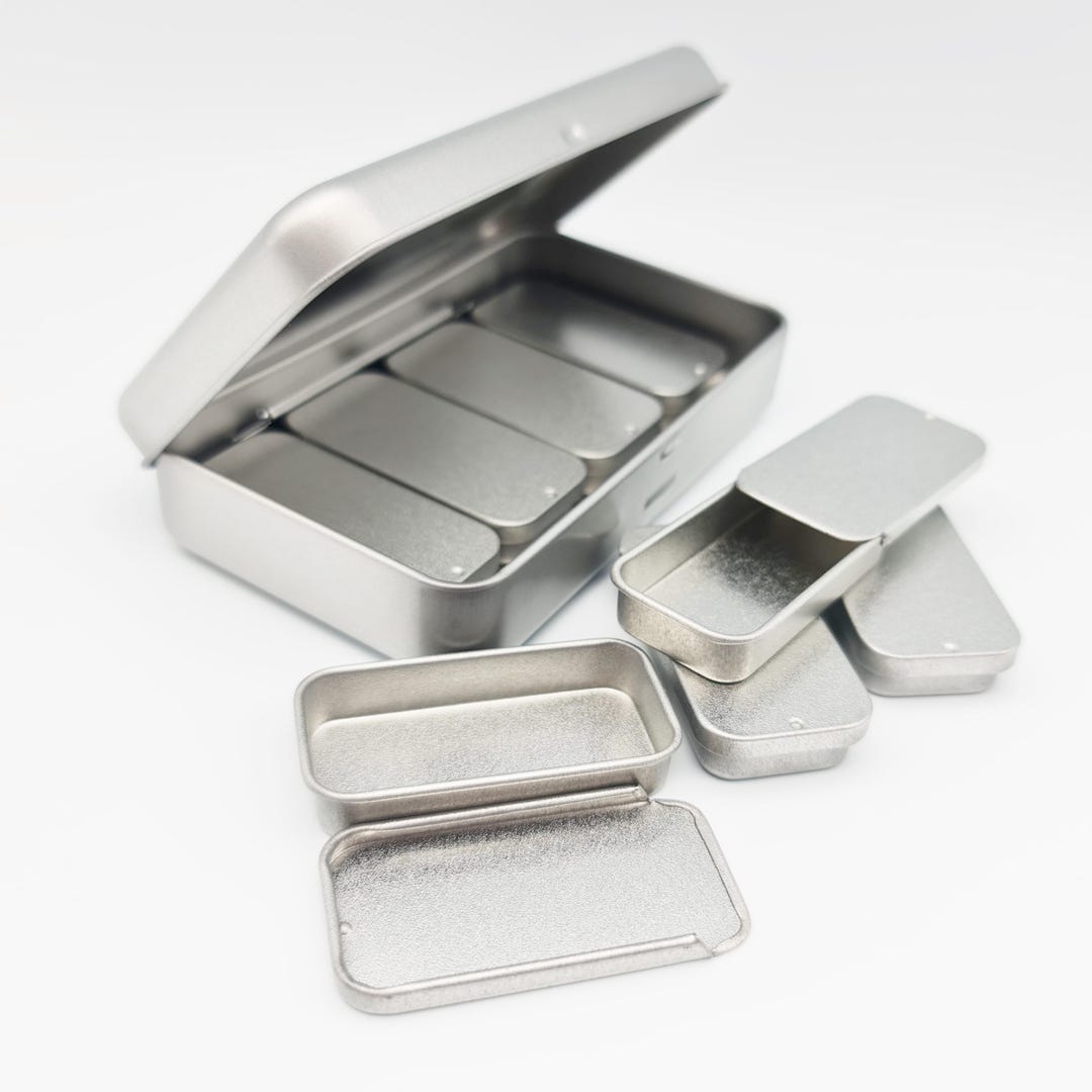 8 X Mini Tins in Organizer Case - 2" X 1" Rectangular Metal Sliding Lid ...