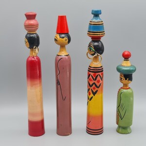 4 X Vintage Egyptian Spindle Dolls Wooden Spool Folk Art Hand Painted ...
